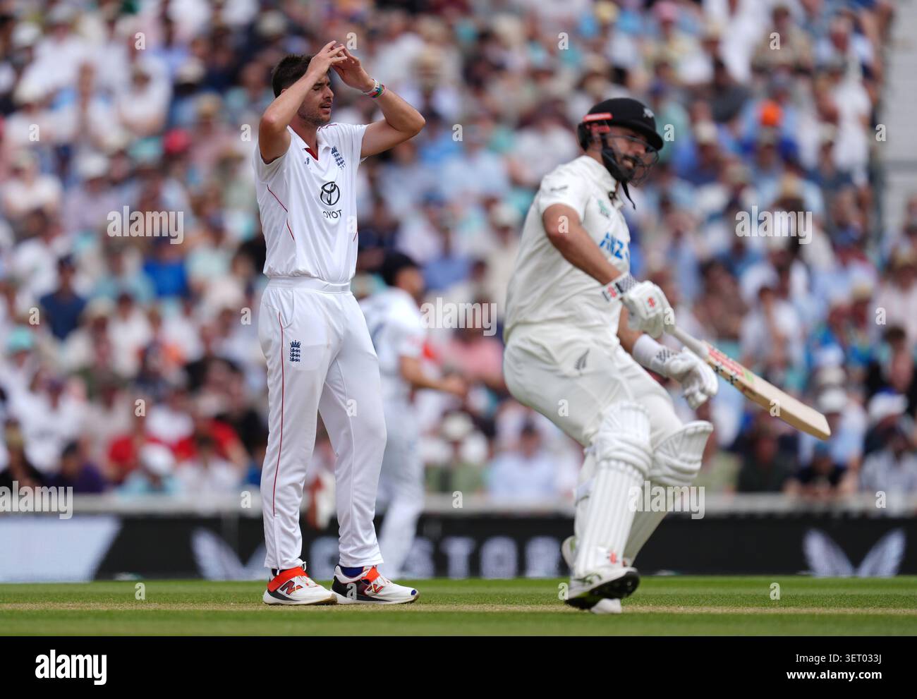 England's Josh Tongue reacts to a missed chance on day four of the ...