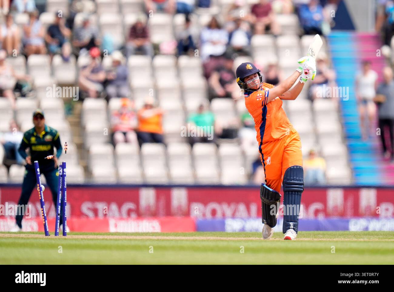 Sterre Kalis of the Netherlands is bowled by Annabel Sutherland of ...