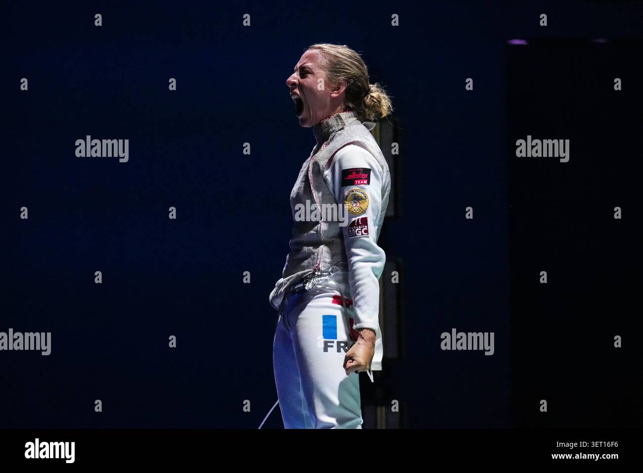 Pauline RANVIER of France celebrates during 2026 European Fencing ...