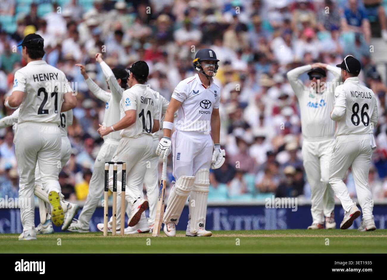England's Jacob Bethell reacts after being dismissed on day four of the ...