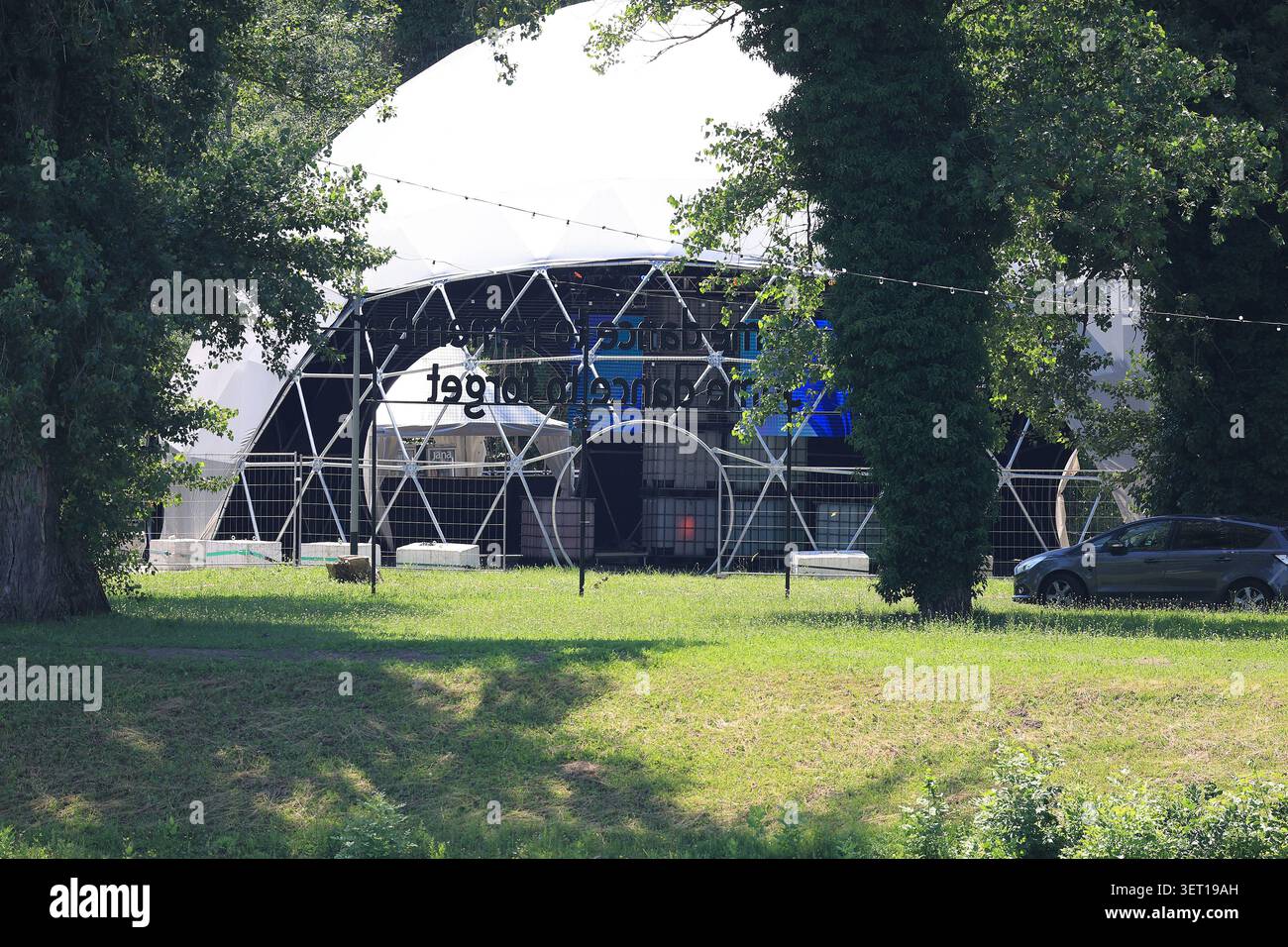 Tents and barriers set up for INMusic Festival held at Lake Jarun in ...