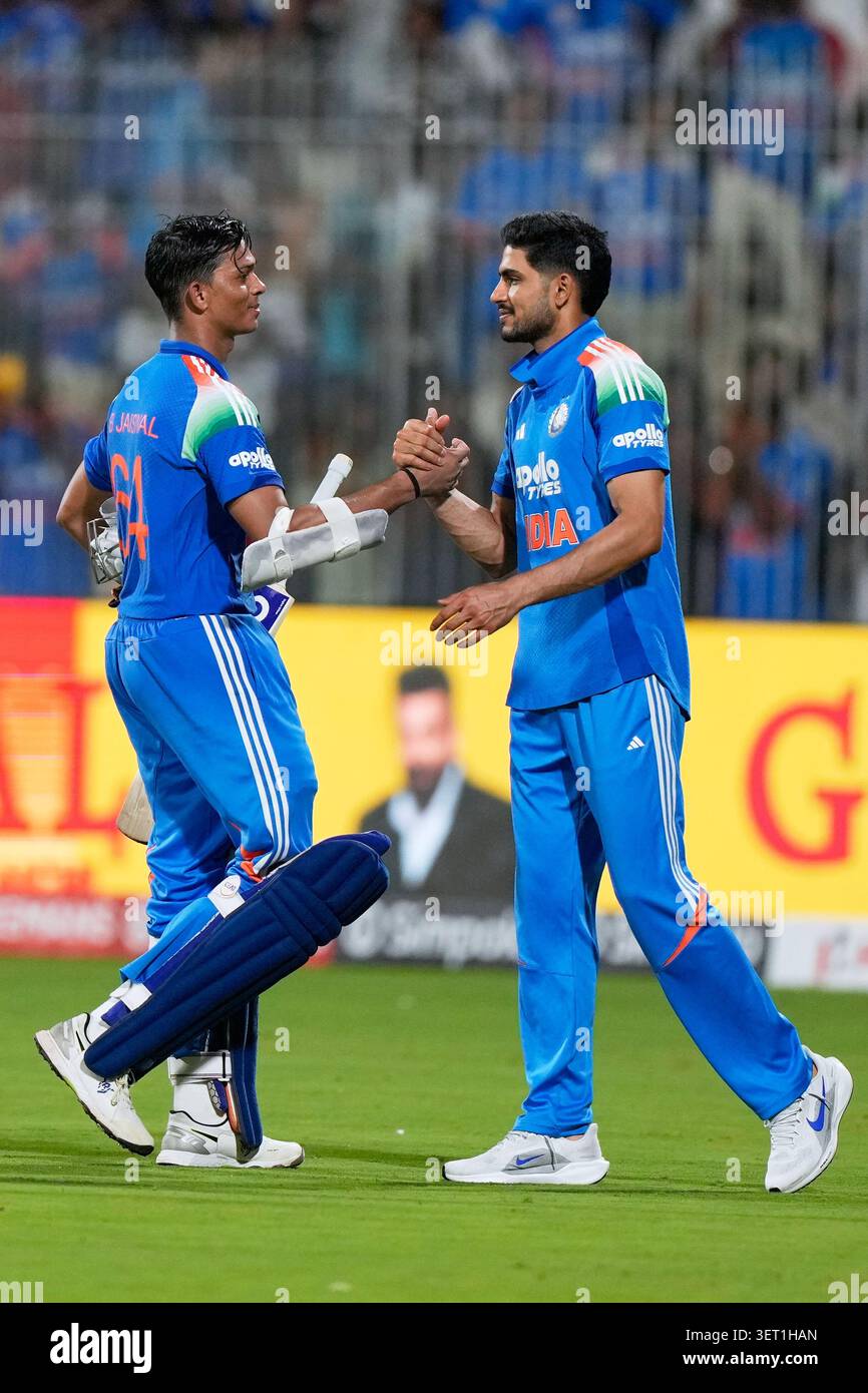 India's Yashasvi Jaiswal is congratulated by captain Shubman Gill as he ...