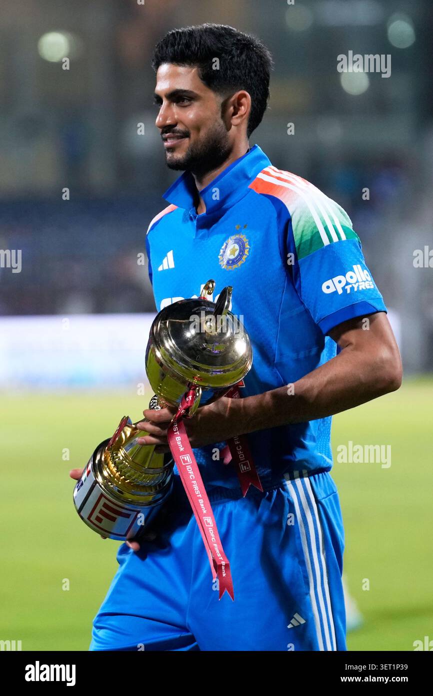 India's captain Shubman Gill carries the winners' trophy after India ...