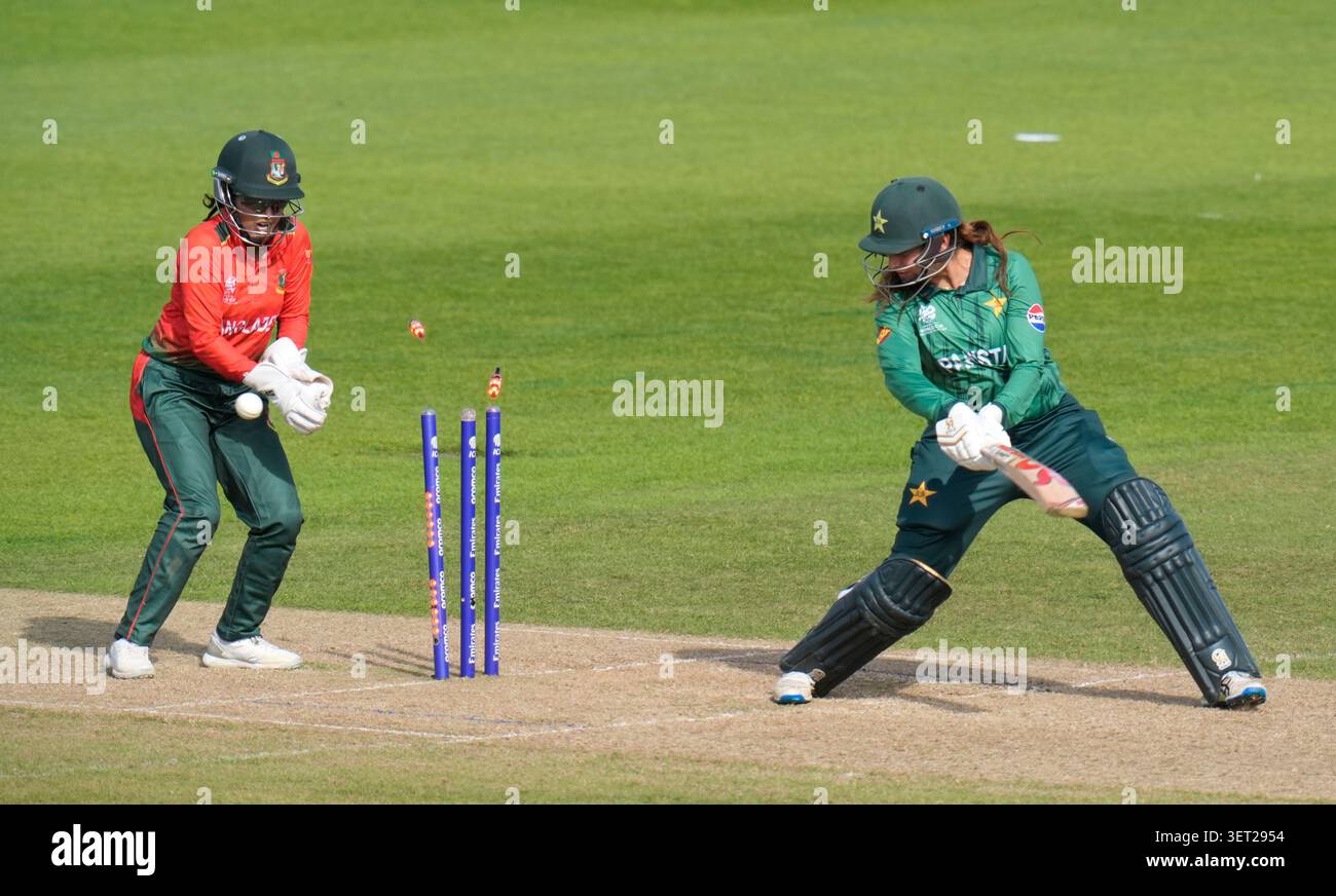 Aliya Riaz of Pakistan is cleaned bowled by Sanjida Akter Meghla of ...