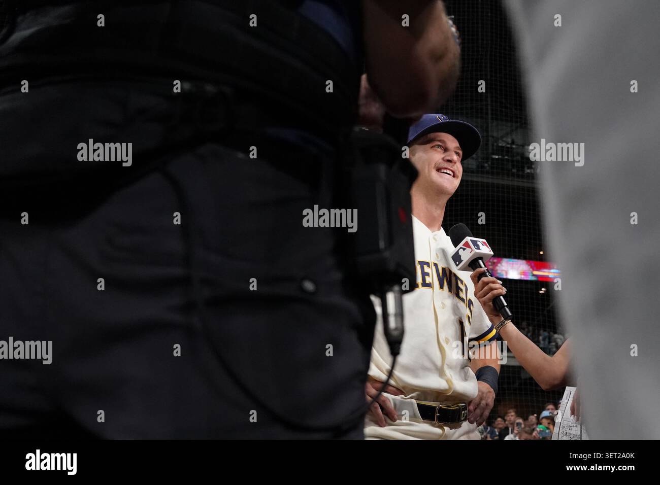 Milwaukee Brewers' Cooper Pratt gets interviewed after a baseball game ...