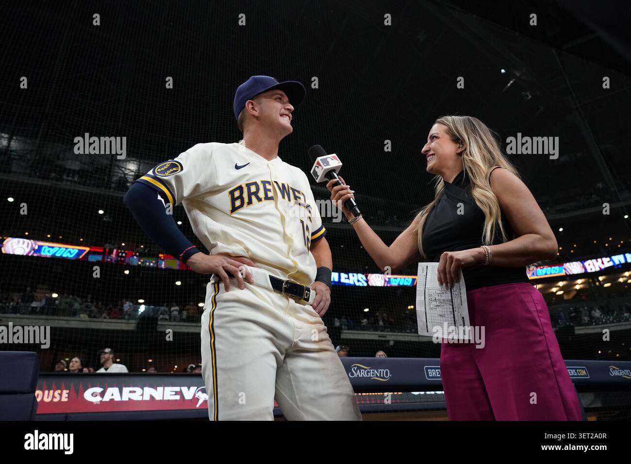 Milwaukee Brewers' Cooper Pratt gets interviewed after a baseball game ...