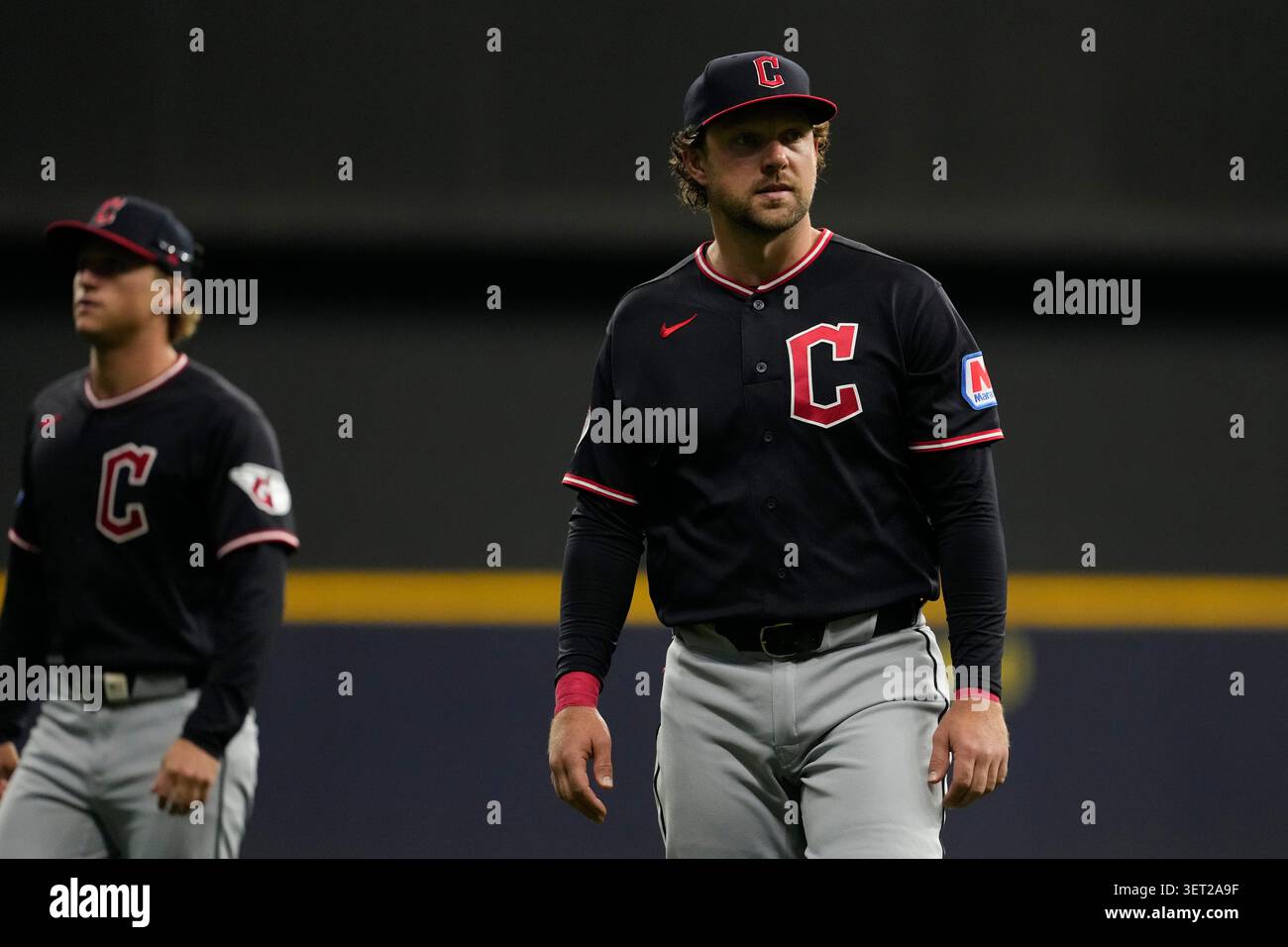 Cleveland Guardians' Rhys Hoskins warms up before a baseball game ...