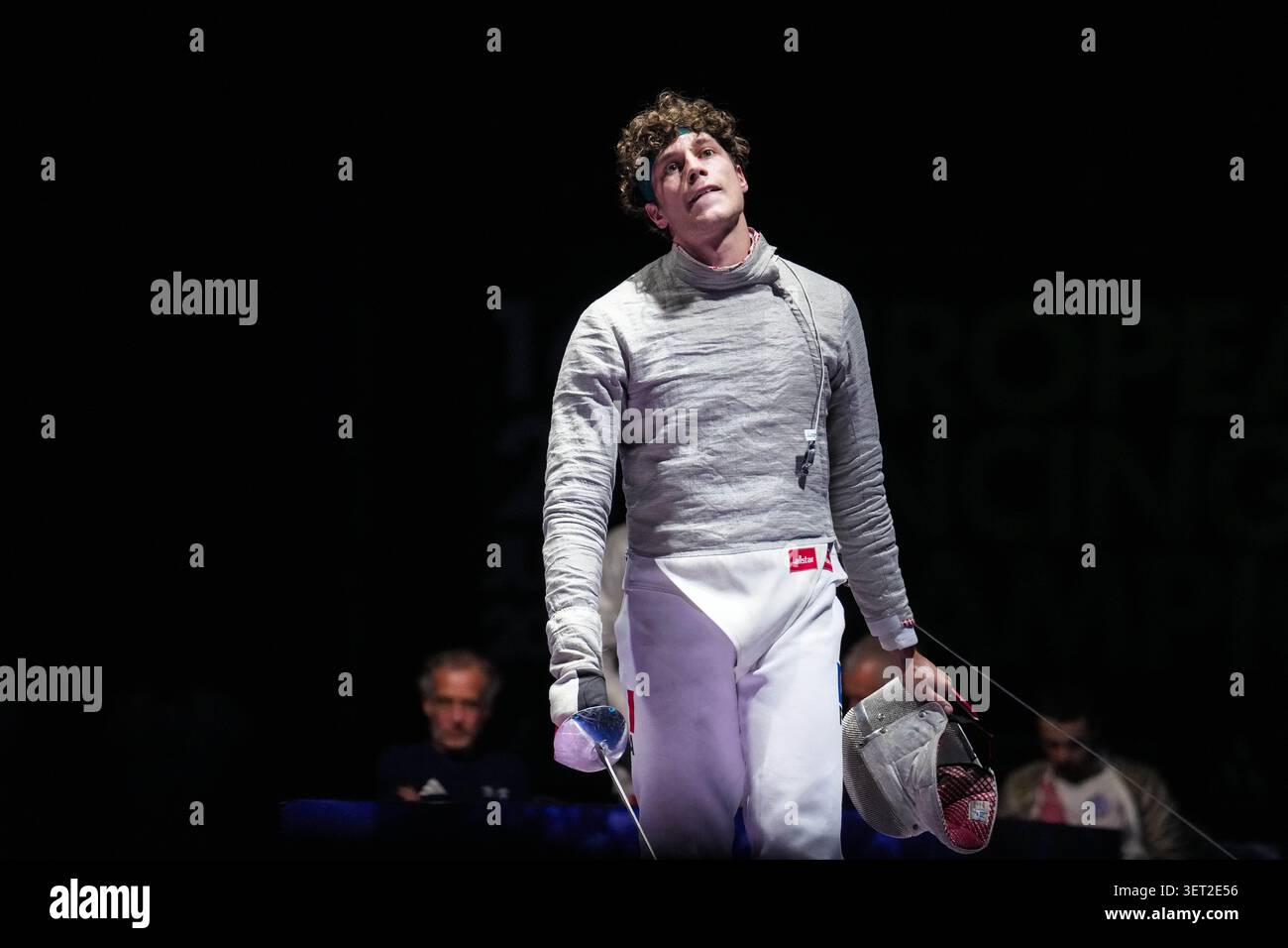 Remi GARRIGUE of France looks dejected during 2026 European Fencing ...