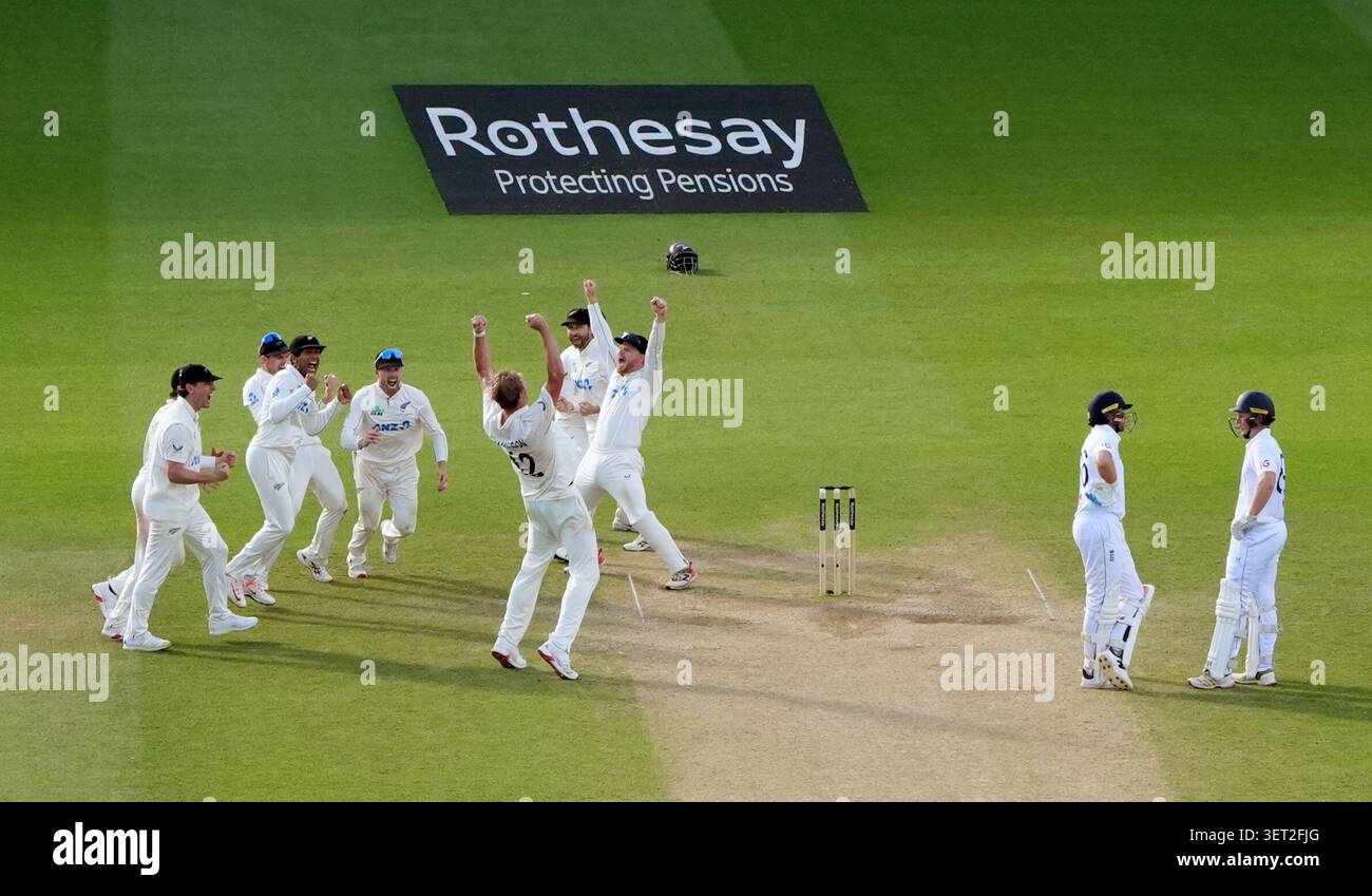 New Zealand's Kyle Jamieson celebrates after England's James Rew is ...