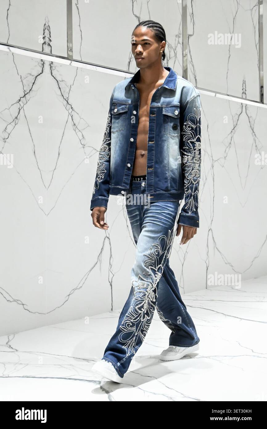 A model wears a creation from the Philipp Plein Spring/Summer 2027 men ...
