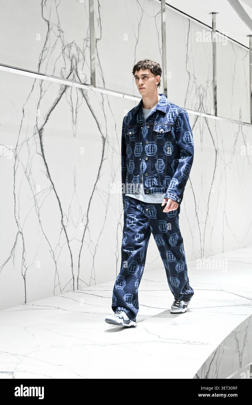 A model wears a creation from the Philipp Plein Spring/Summer 2027 men ...