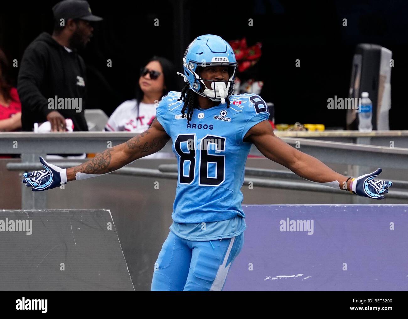 Toronto Argonauts‚Äô Damonte Coxie (86) celebrates a touchdown against ...