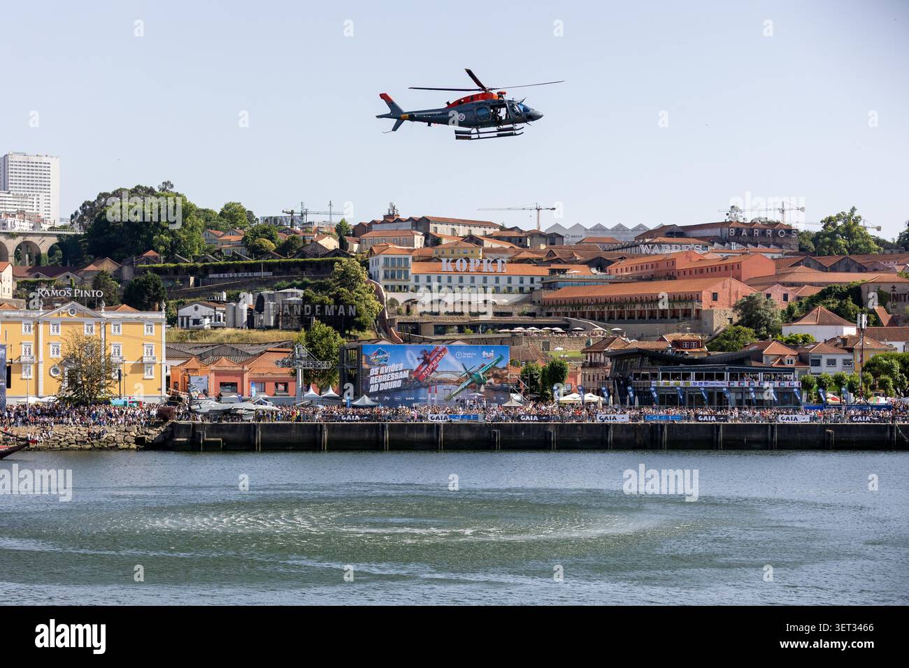 Vila Nova de Gaia, Portugal, 20 June 2026. A helicopter flies above the ...