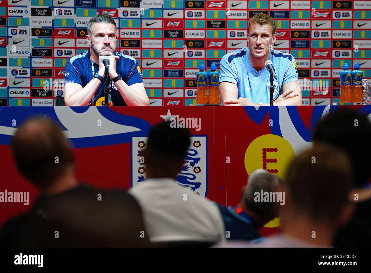 England's Dan Burn (right) during a press conference at Swope Soccer ...