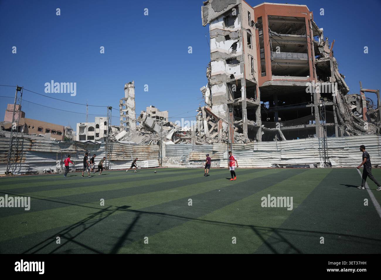 Displaced Palestinians play at the soccer club in Gaza City, Saturday ...
