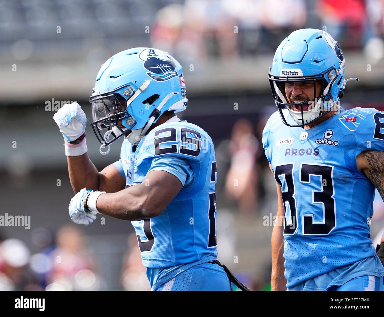 Toronto Argonauts‚Äô Samuel Hicks (25) celebrates his touchdown against ...