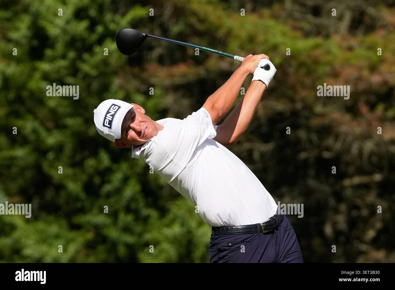 Sam Stevens watches his tee shot on the sixth hole during the third ...