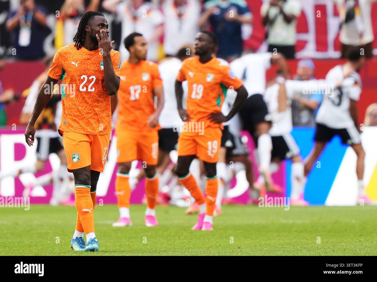 Ivory Coast's Evann Guessand (22) reacts after a Germany scoring their ...