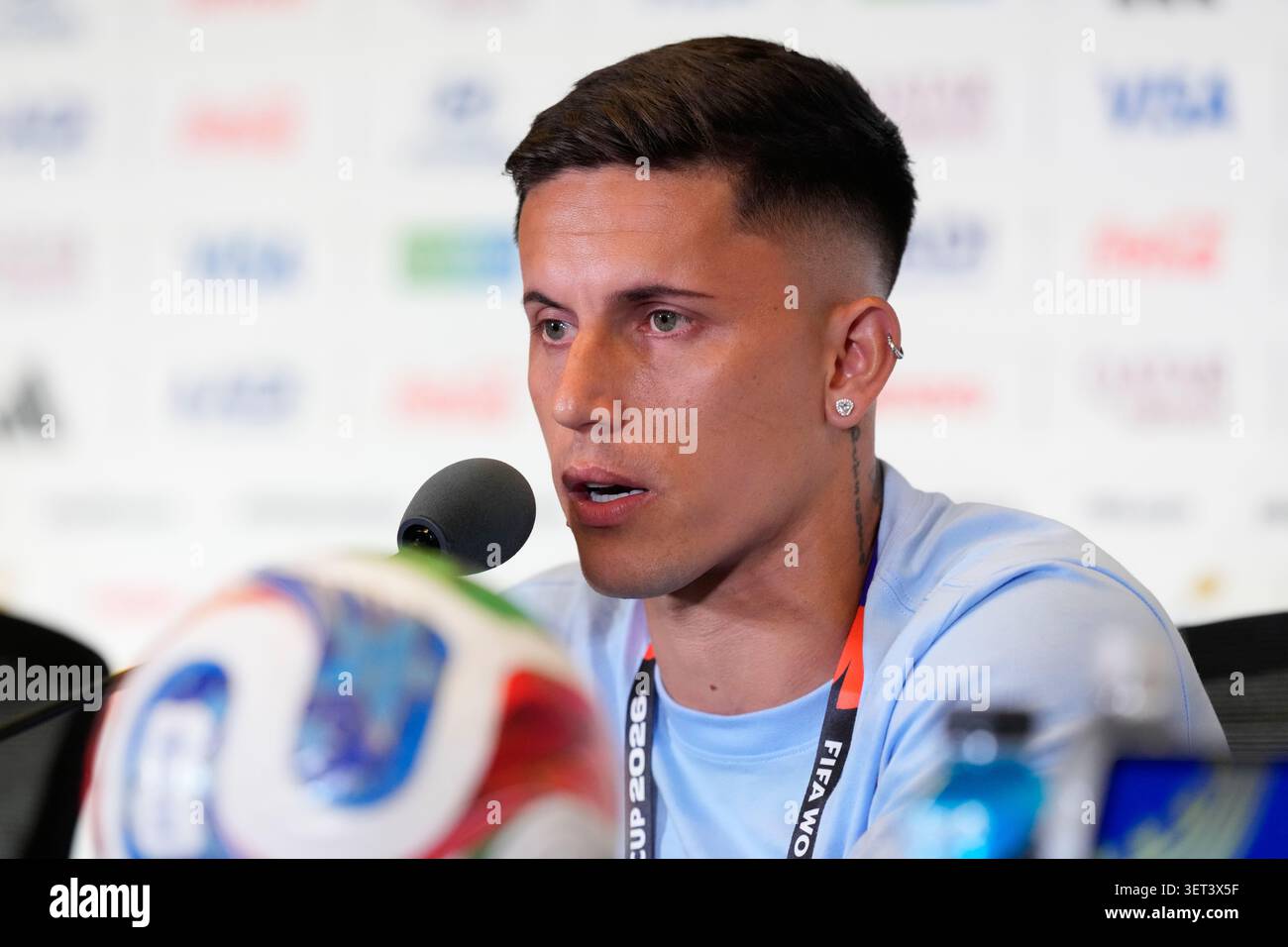 Uruguay's Brian Rodriguez speaks during a press conference on the eve ...