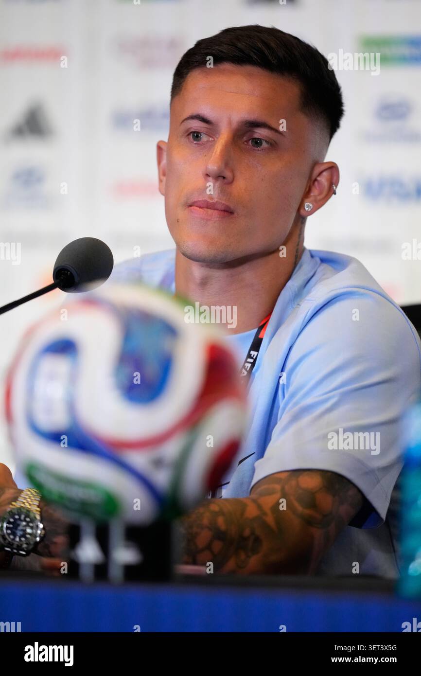Uruguay's Brian Rodriguez speaks during a press conference on the eve ...