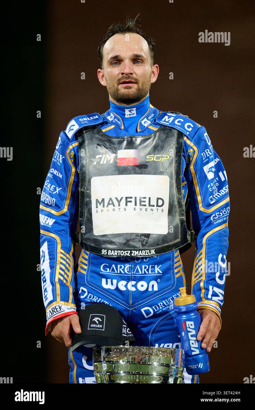 Bartosz Zmarzlik of Poland #95 on the podium during the national anthem ...