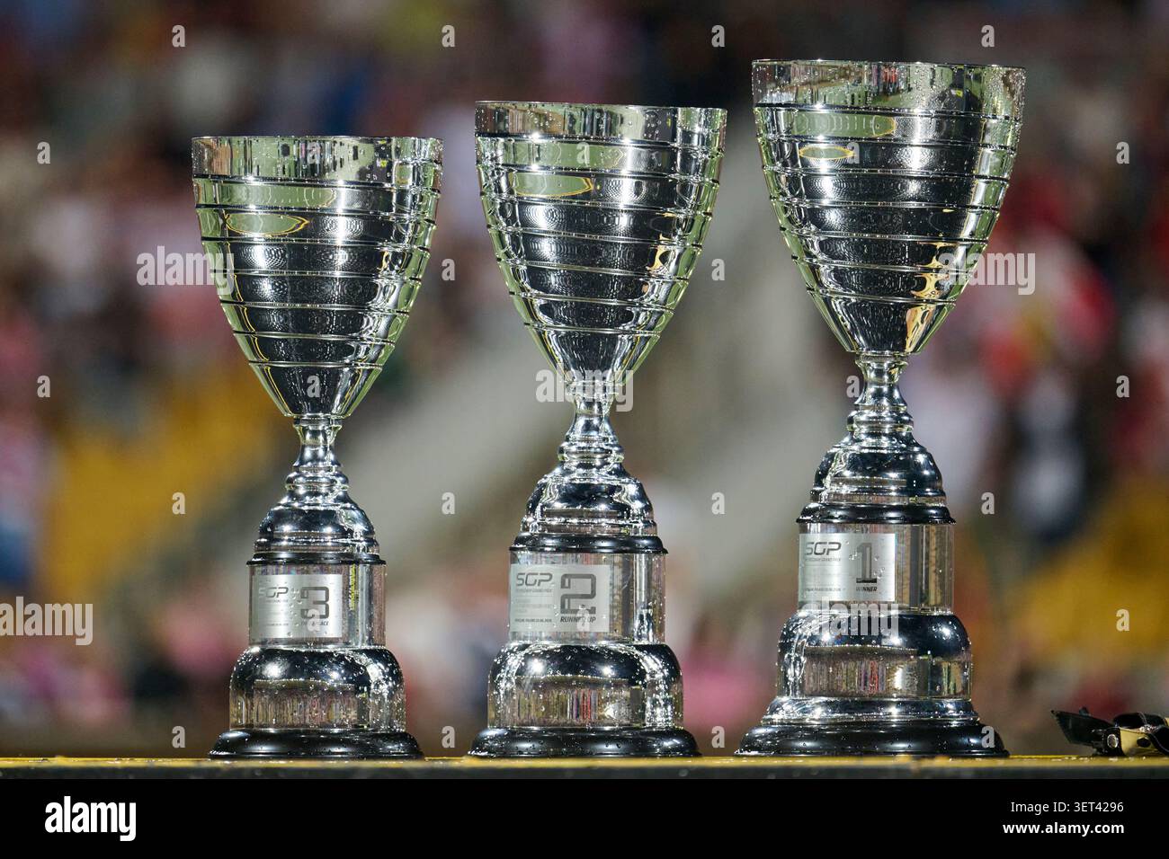 The trophies displayed on the podium during the 2026 DEWALT FIM ...