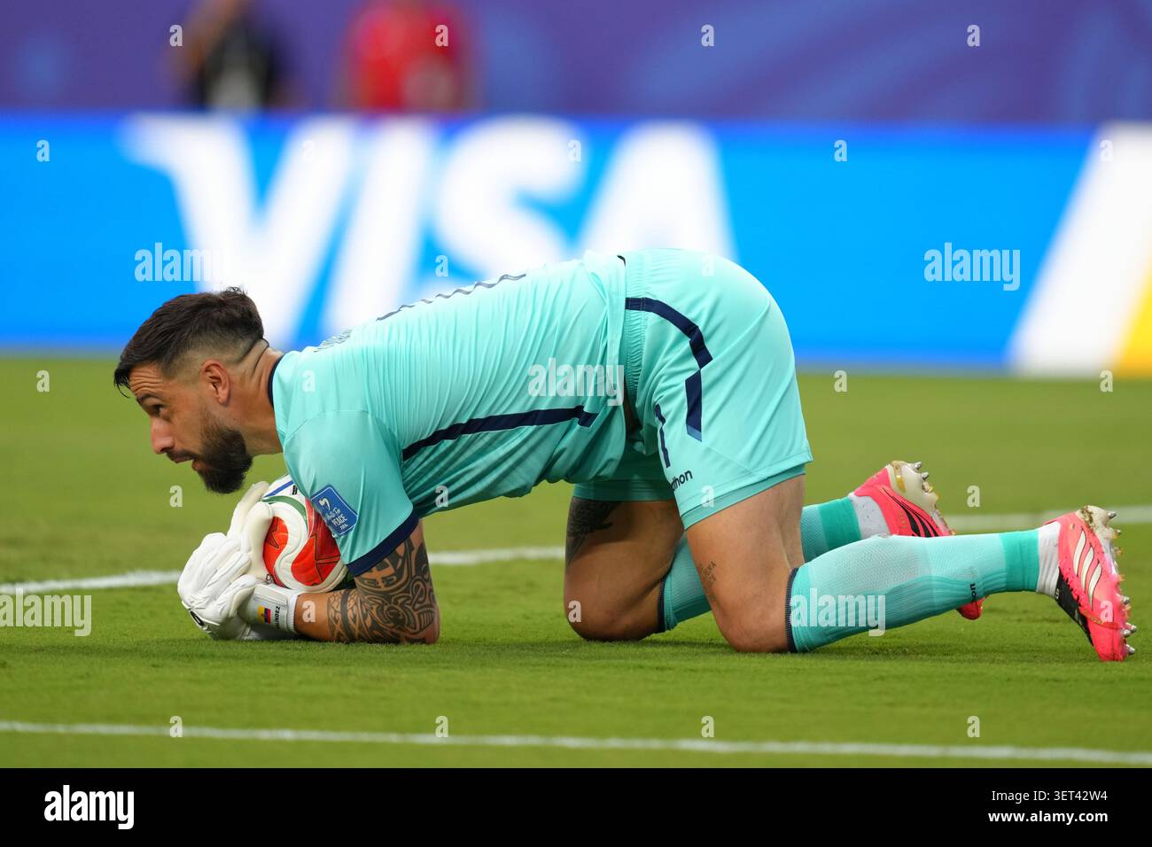 Ecuador goalkeeper Hernan Galindez makes a save during a World Cup ...