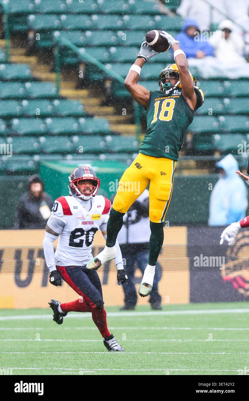 Edmonton Elks' Joshua Cephus (18) makes a catch under pressure from ...