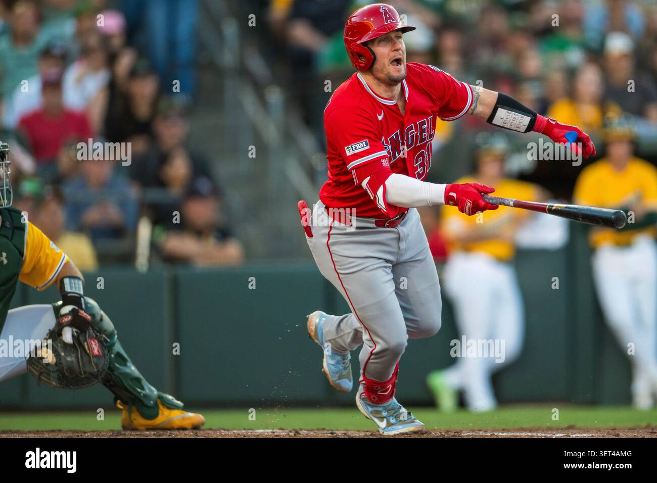 Los Angeles Angels' Tyler Heineman hits a double during the second ...