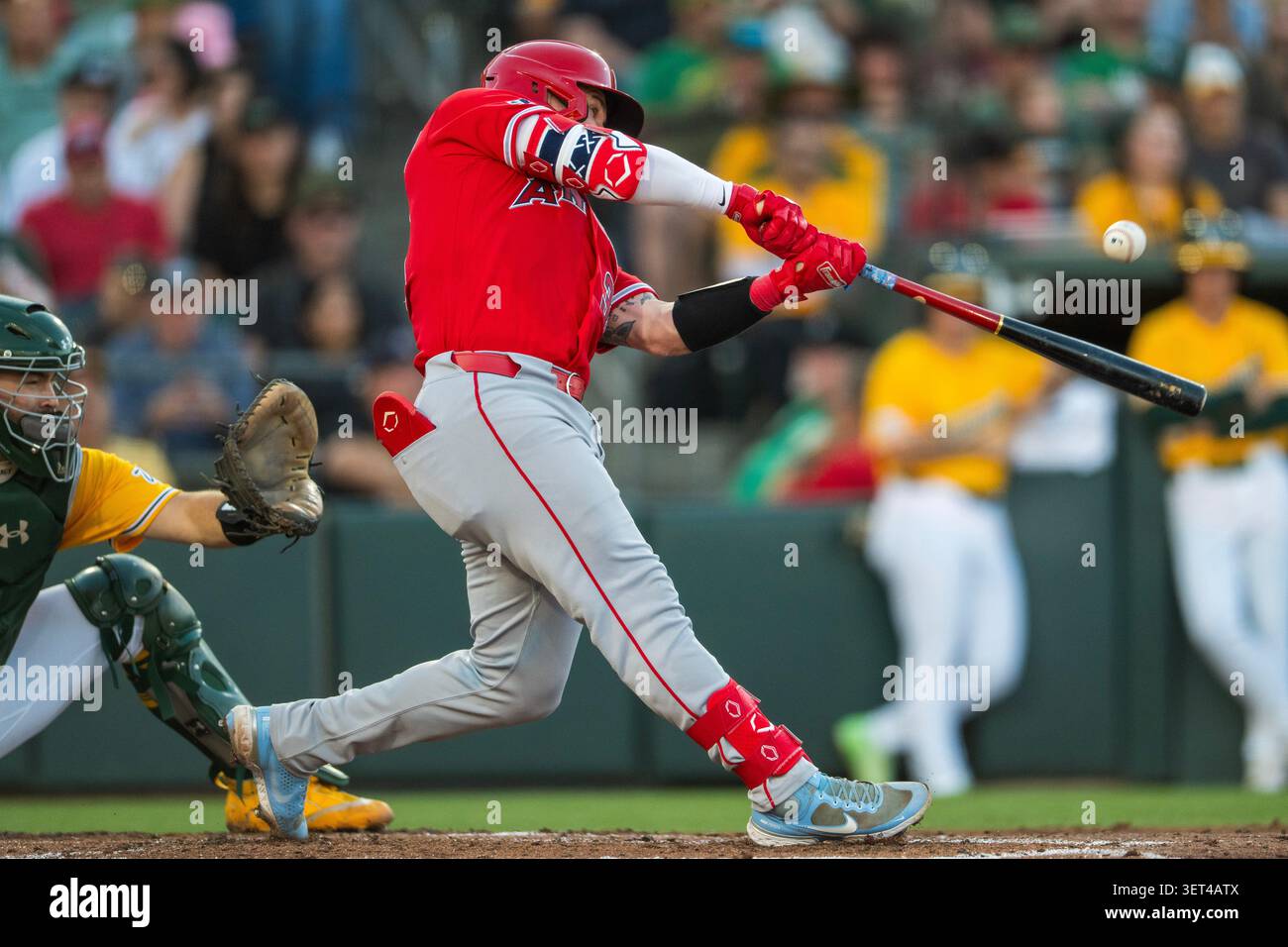 Los Angeles Angels' Tyler Heineman hits a double during the second ...