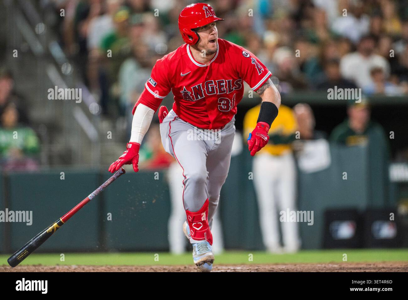 Los Angeles Angels' Tyler Heineman watches his single during the sixth ...