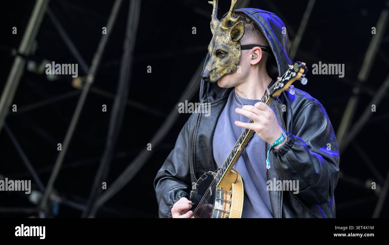 Ronan Bell of Chasing Abbey performs live on stage at Glasgow Green ...