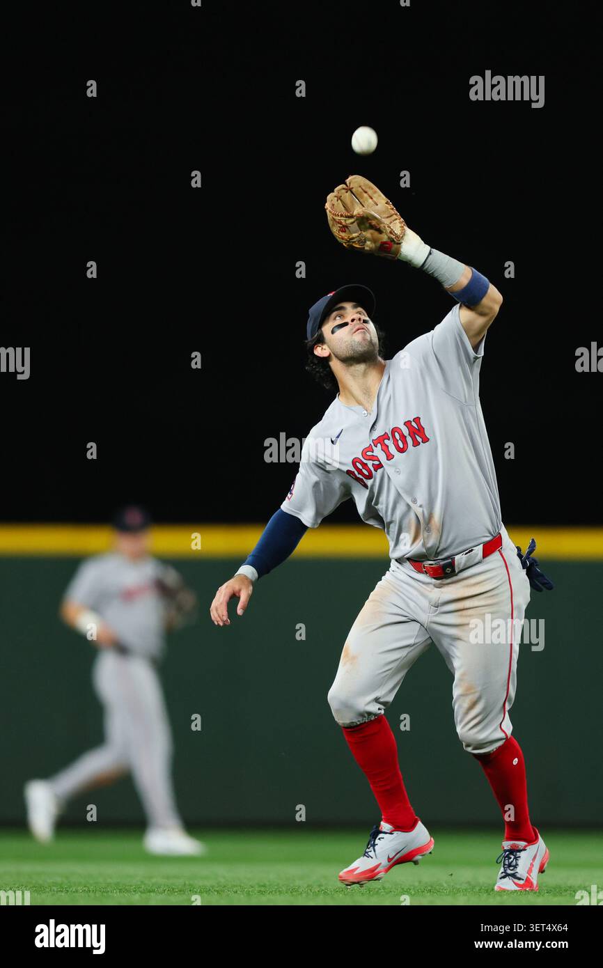 Boston Red Sox infielder Marcelo Mayer catches a pop fly hit by Seattle ...
