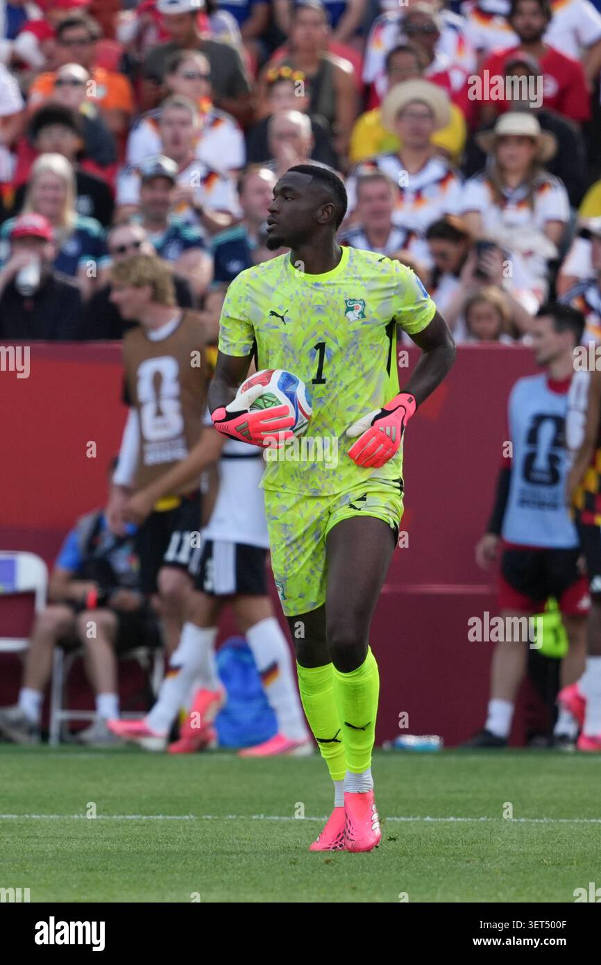 Yahia Fofana #01 of Ivory Coast hold the ball during the 2026 FIFA ...
