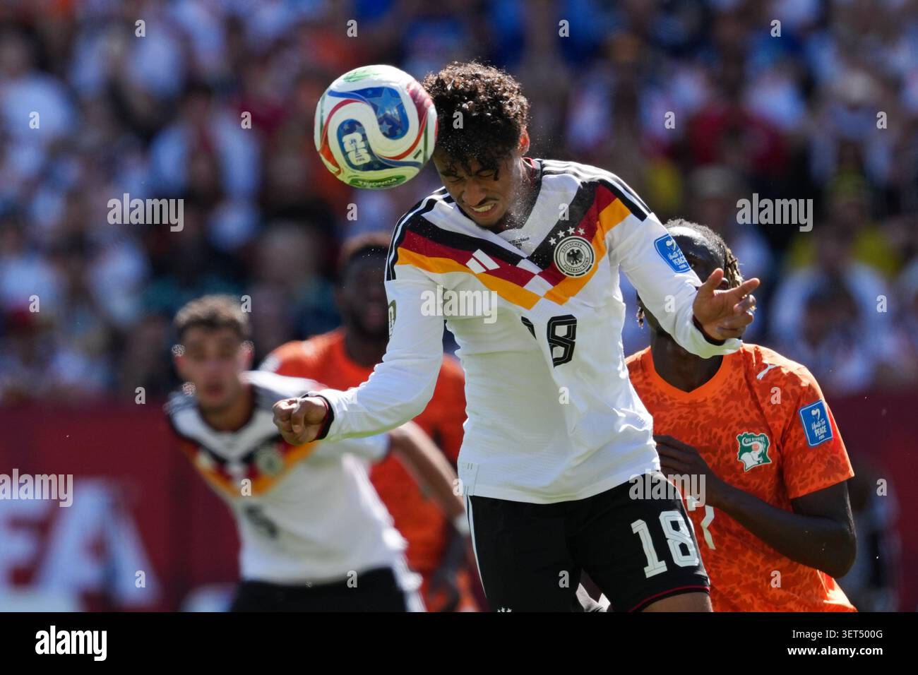 Nathaniel Brown #18 of Germany heads the ball during the 2026 FIFA ...