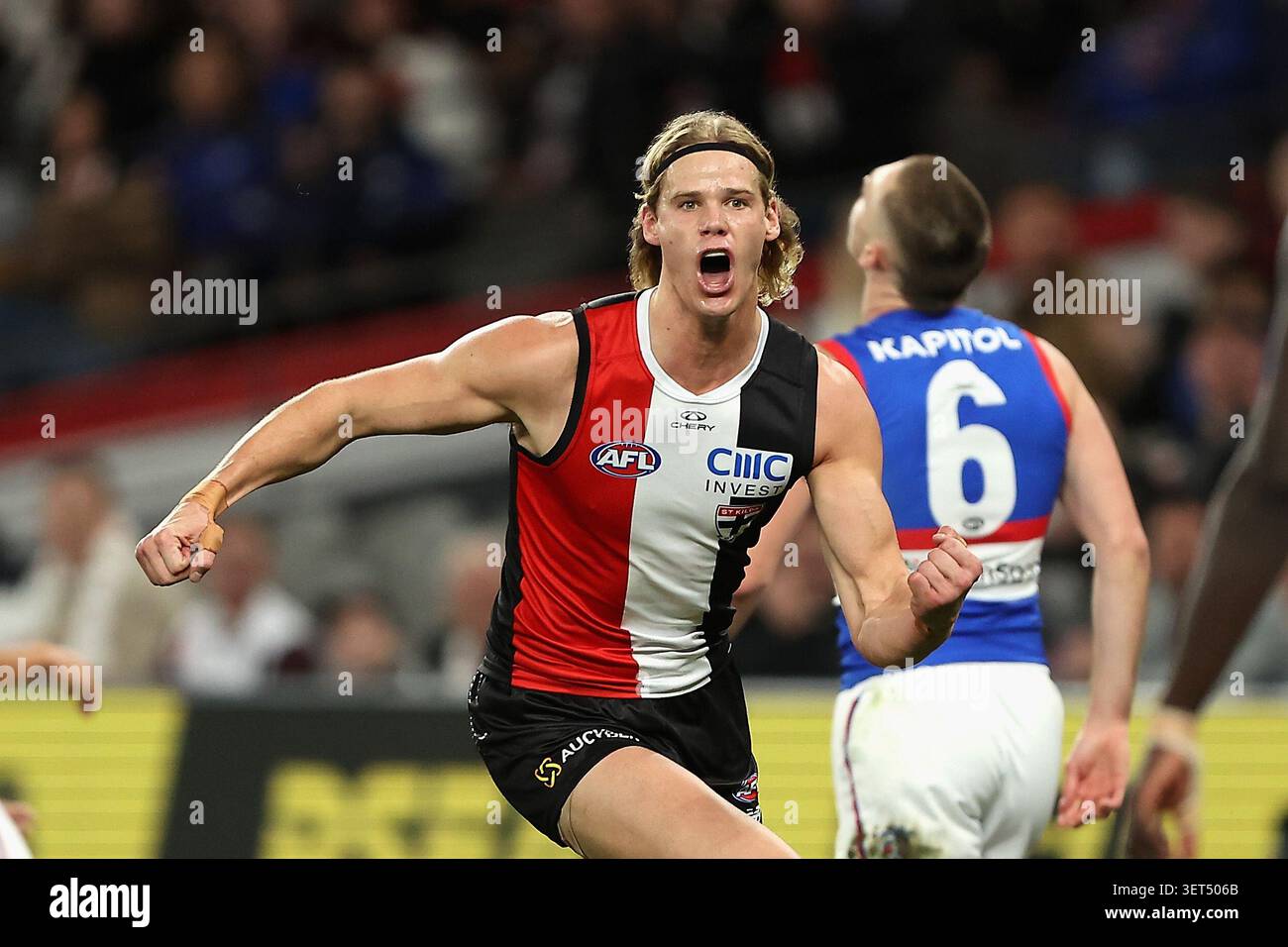 Tom De Koning of the Saints celebrates a goal during the AFL Round 15 ...