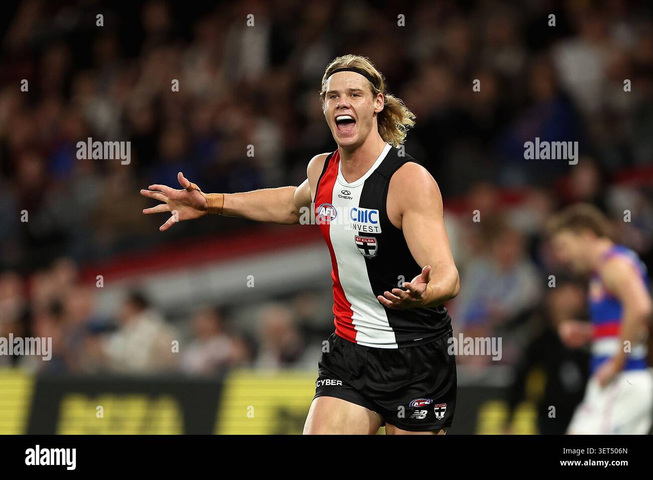 Tom De Koning of the Saints celebrates a goal during the AFL Round 15 ...
