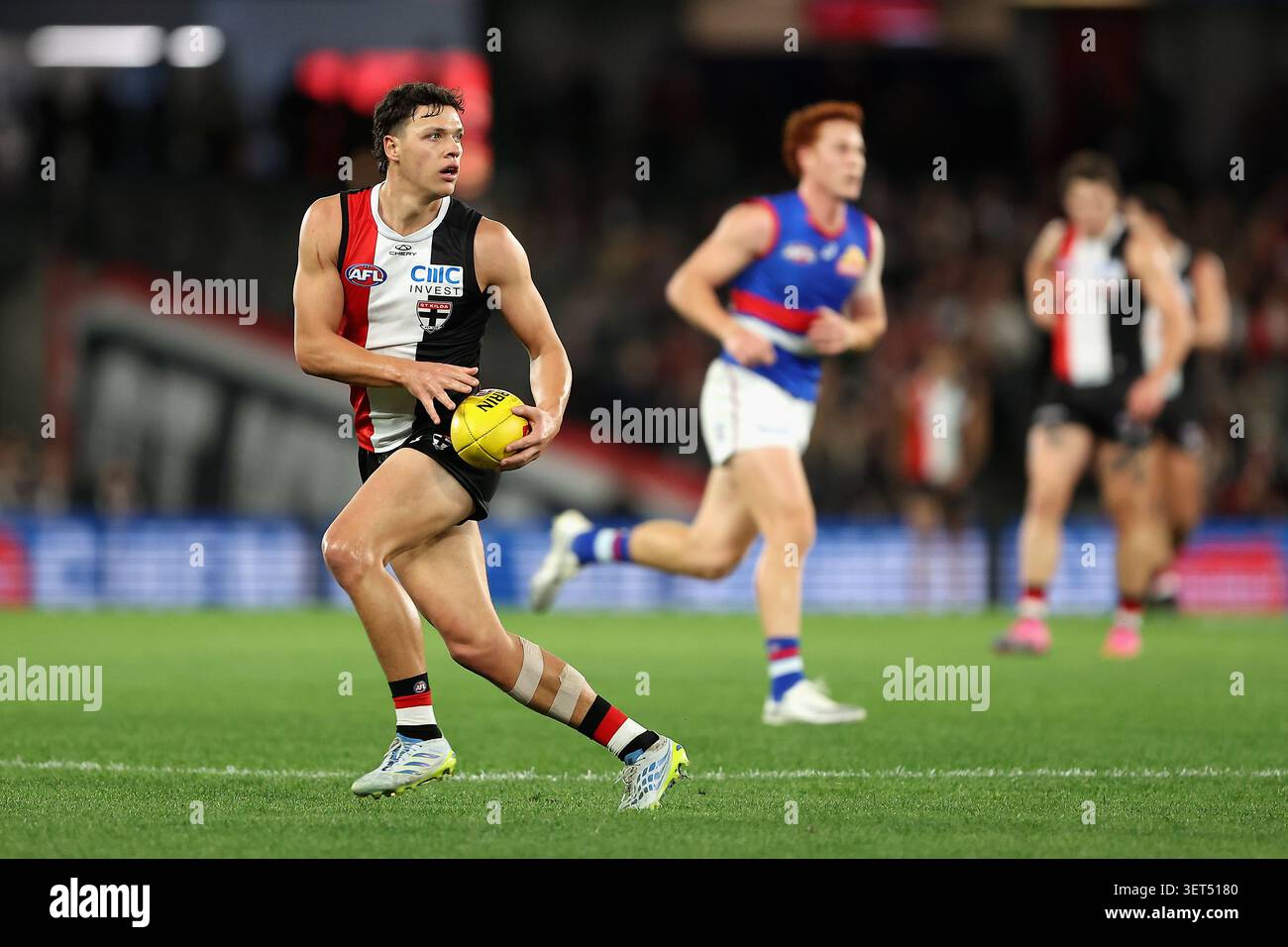 Marcus Windhager of the Saints takes a mark during the AFL Round 15 ...
