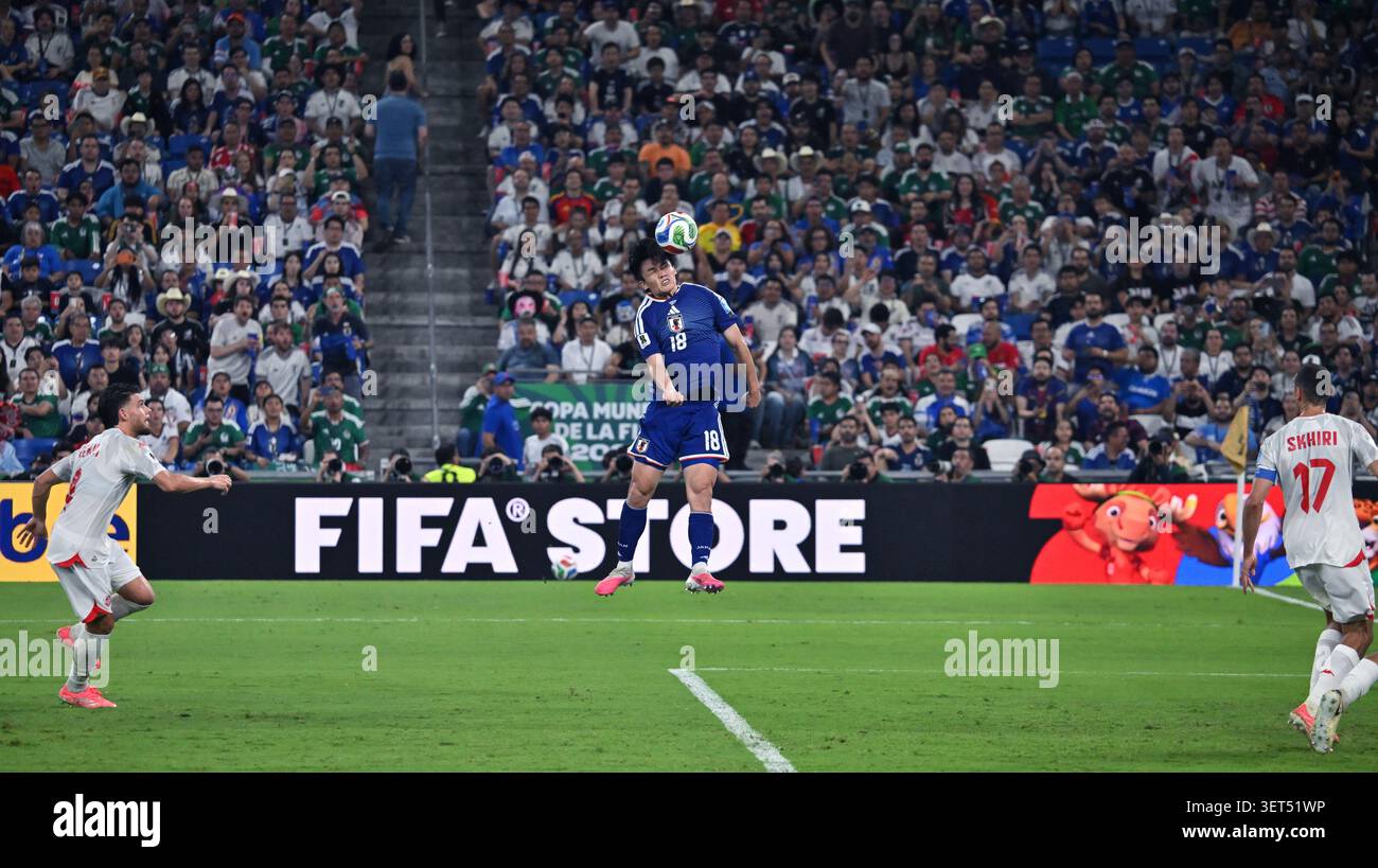 Ayase Ueda (18) of Japan scores by header in the second half of 2026 ...