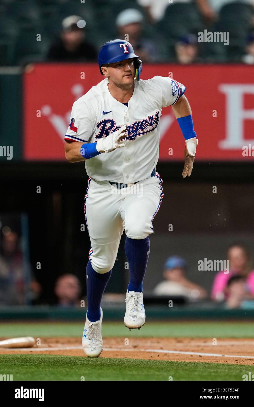 Texas Rangers' Josh Jung sprints to first during a baseball game ...