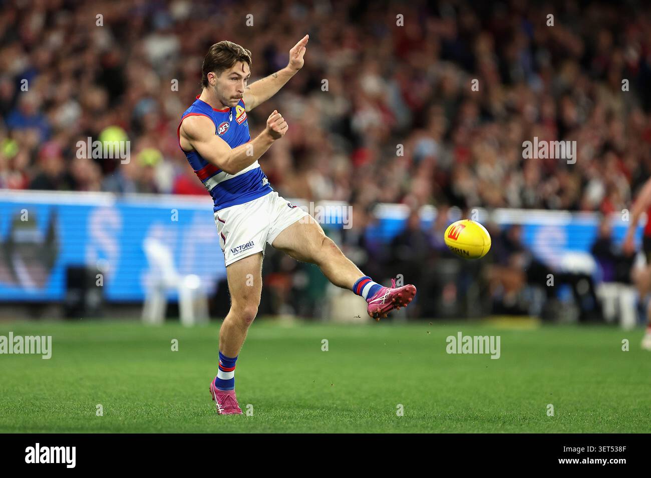 Rhylee West of the Bulldogs kicks the ball during the AFL Round 15 ...