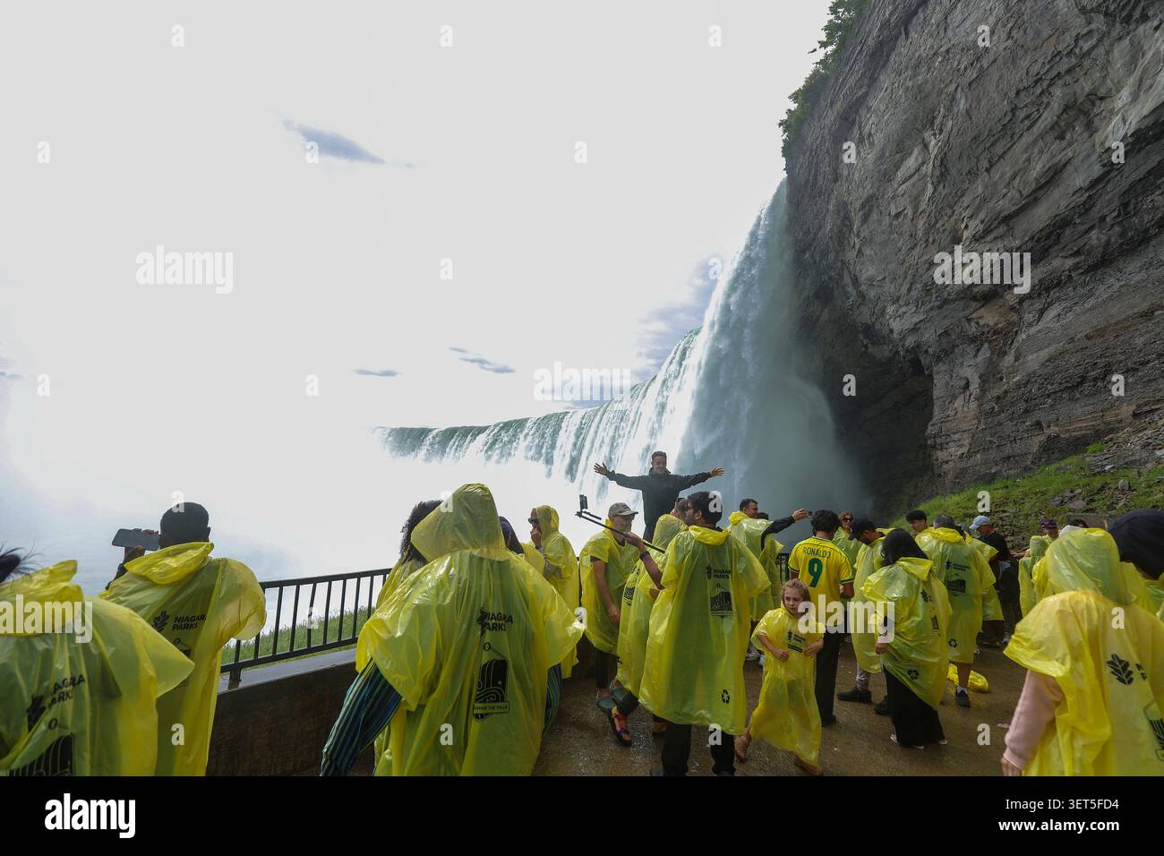 Tourists observe American Falls along the parapet wall on June 20, 2026 ...
