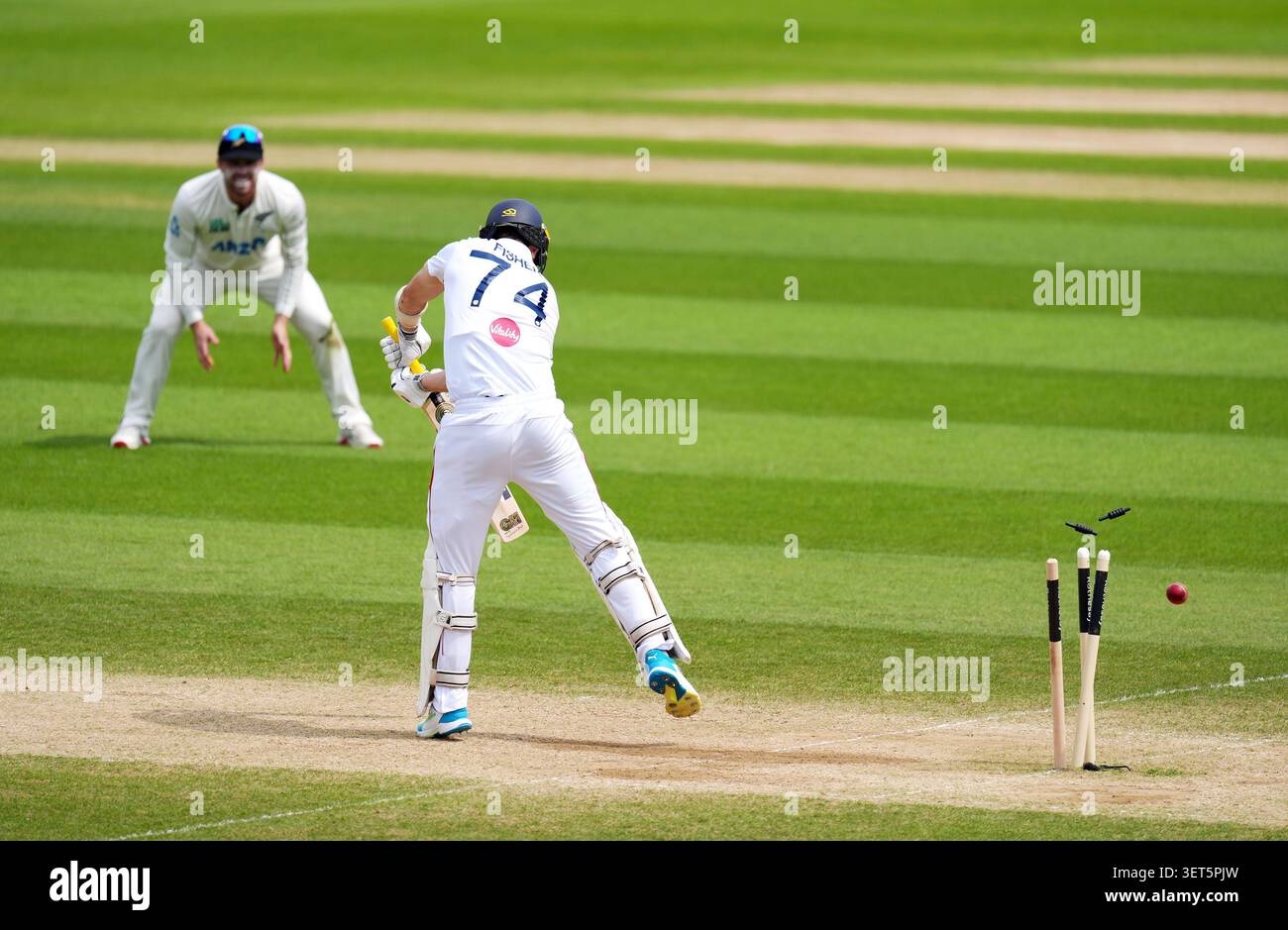 England's Matthew Fisher is bowled out by New Zealand's Matt Henry on ...