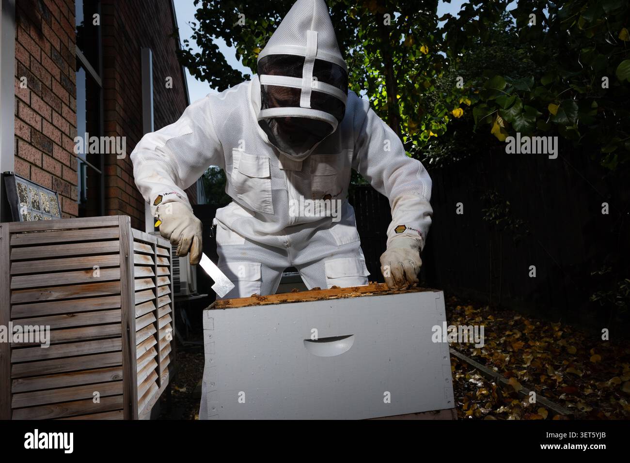 Firefighter turned beekeeper Simon Mildren handels a bee hive in ...