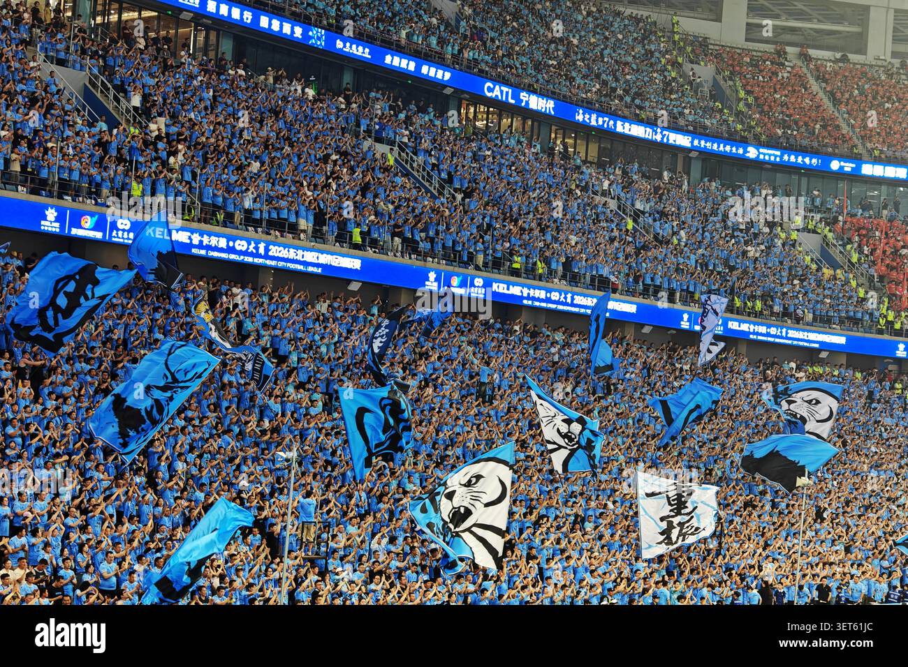 Football fans watch a match at Dalian Suoyuwan Football Stadium in ...