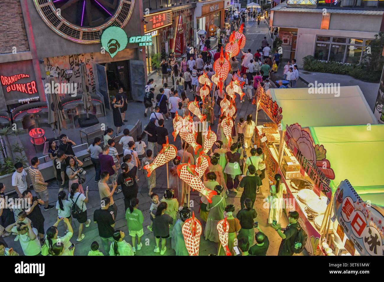 People watch a 100-meter fish lantern parade in traditional Han ...