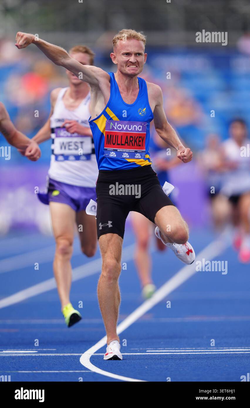 David Mullarkey celebrates winning the Men's 5000m race during day two ...