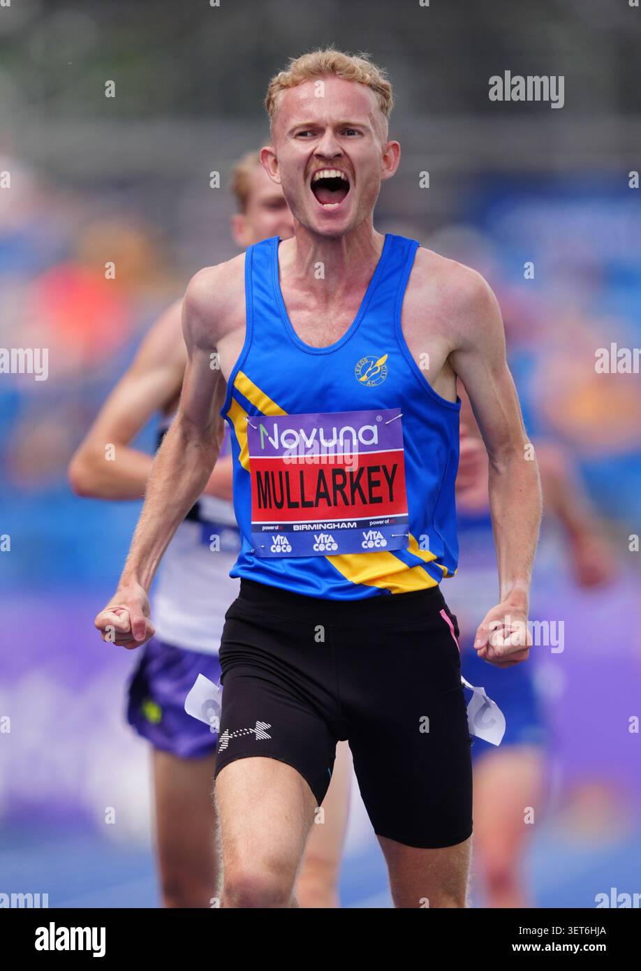 David Mullarkey celebrates winning the Men's 5000m race during day two ...