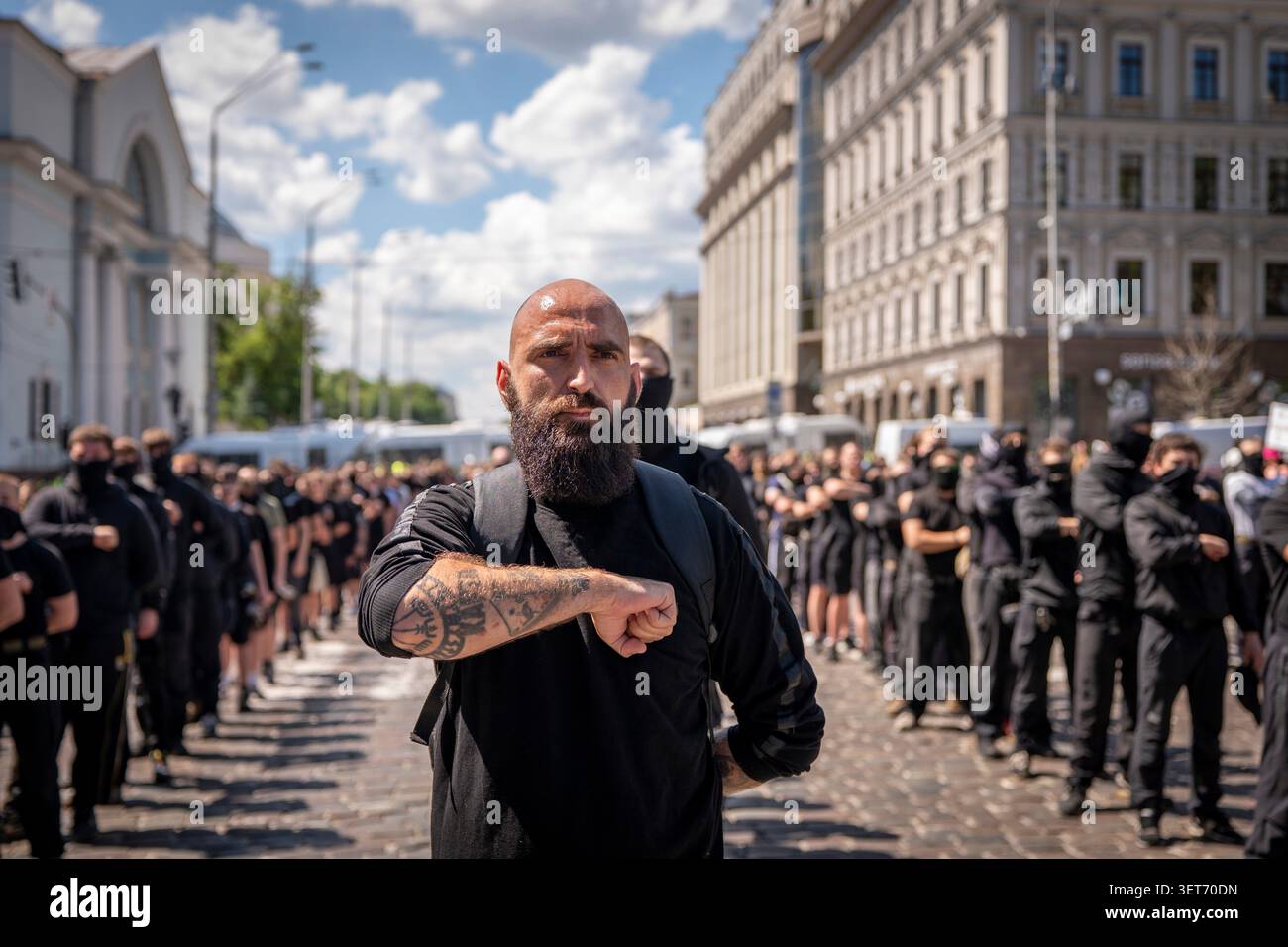 Representatives of right-wing organisations lined up on the street ...