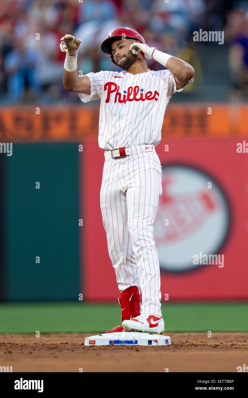 Philadelphia Phillies' Justin Crawford reacts to his double during the ...